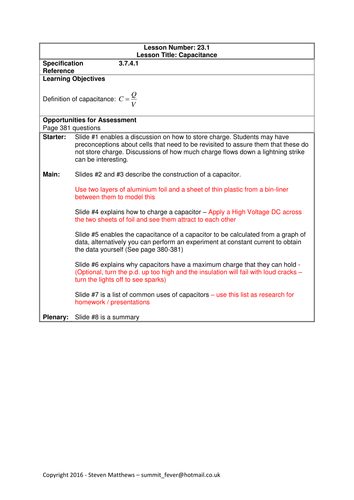 Physics A-Level Year 2 Lesson - Capacitance (PowerPoint AND lesson plan ...
