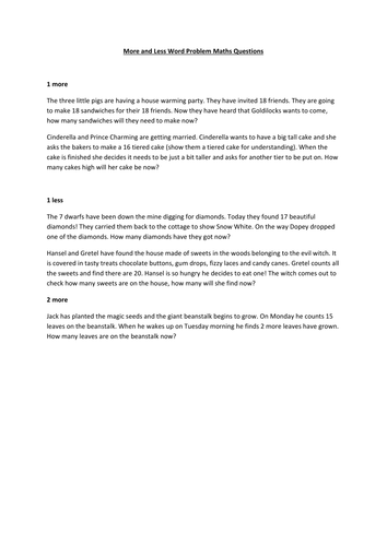 More and Less Word Problem Maths Questions EYFS KS1 | Teaching Resources