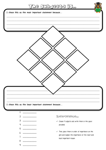 Back to School- Subjects, Diamond Ranking | Teaching Resources