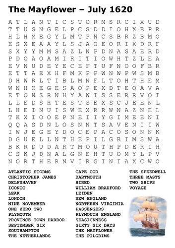 The Voyage of the Mayflower Word Search | Teaching Resources