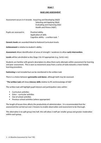 PE Baseline Assessment for Year 7's | Teaching Resources
