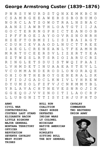George Armstrong Custer Word Search | Teaching Resources