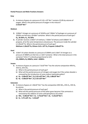 Partial Pressure and Mole Fractions Worksheet with Answers | Teaching ...