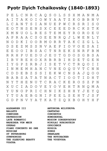 Pyotr Ilyich Tchaikovsky Word Search | Teaching Resources