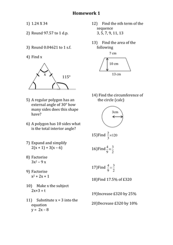 Mathematics Homework 1 Teaching Resources