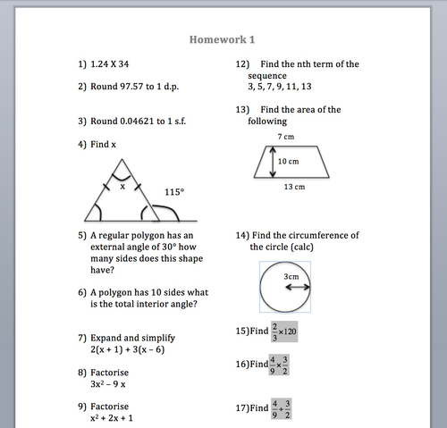 Mathematics Homework 1 Sample | Teaching Resources