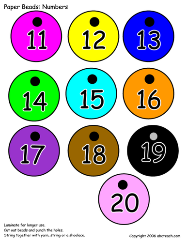Paper Beads: Numbers 11 - 20 (color) | Teaching Resources