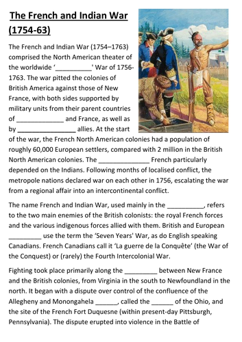 The French and Indian War (1754-63) Cloze Activity | Teaching Resources