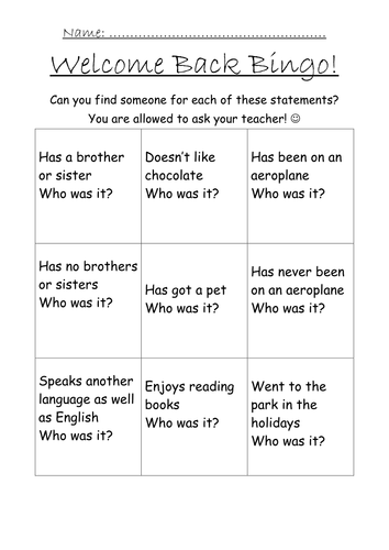 Welcome Back Bingo | Teaching Resources