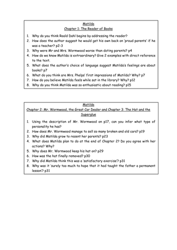 Matilda by Roald Dahl Reading Comprehension | Teaching Resources