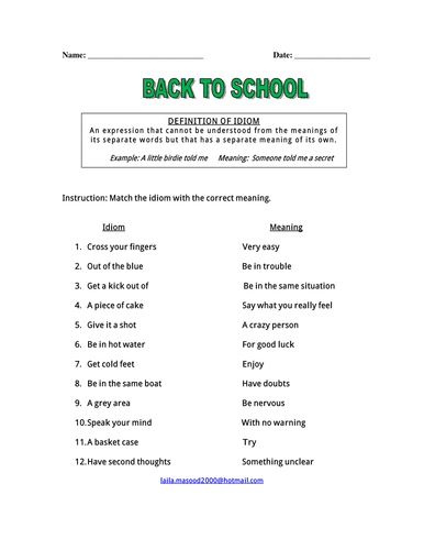 Back to School Worksheet of Idioms | Teaching Resources