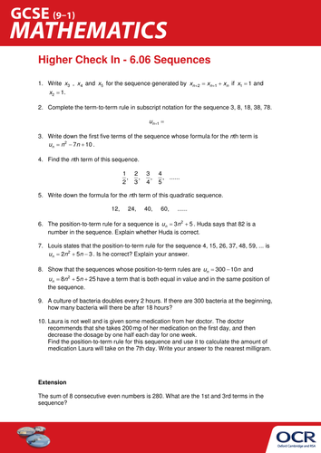 OCR Maths: Higher GCSE - Check In Test 6.06 Sequences | Teaching Resources OCR Maths: Higher GCSE - Check In Test 6.06 Sequences | Teaching Resources