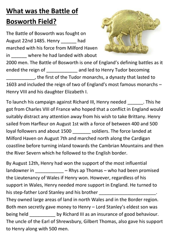 The Battle of Bosworth Field Cloze Activity | Teaching Resources