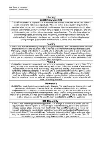 End of Year 6 report for Gifted and Talented child. | Teaching Resources