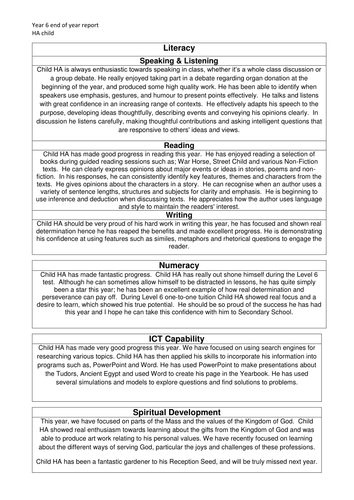 End of Year 6 report for HA child. | Teaching Resources