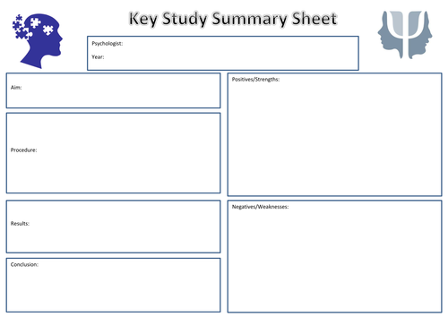 Psychology key study sheet | Teaching Resources