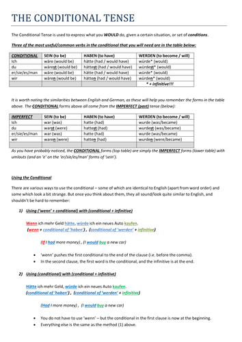 The Conditional In German (Full Instruction Sheet & Differentiated ...