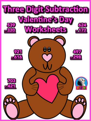 Three Digit Subtraction Worksheets - Valentine's Day Themed - Vertical ...
