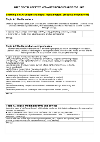 BTEC Digital Creative Media Unit 1 revision checklist | Teaching Resources