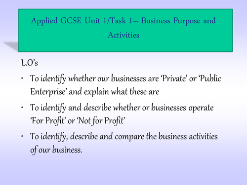 Applied Business GCSE U1T1 Business Purposes and Activites | Teaching ...