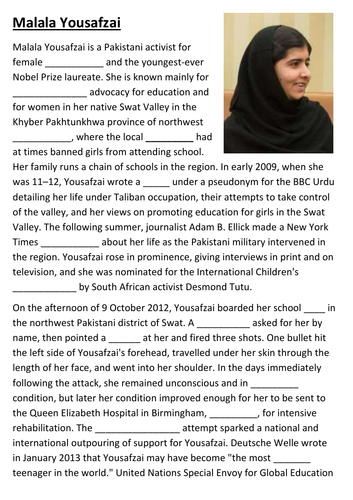 Malala Yousafzai Cloze Activity by sfy773 - Teaching Resources - Tes