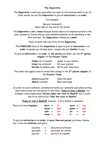 KS5/KS4 Spanish - The Imperative | Teaching Resources