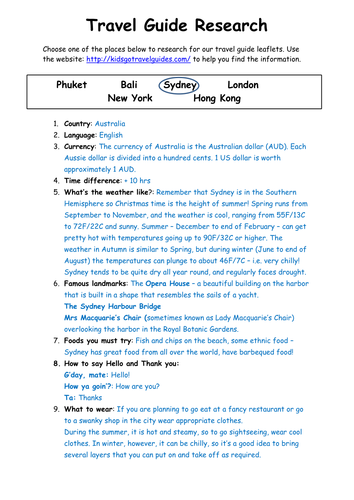 Travel Guide research activity | Teaching Resources