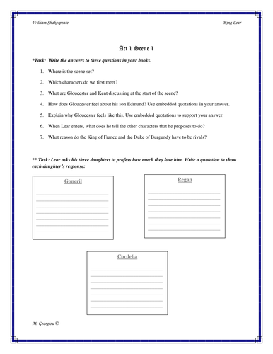 Shakespeare's King Lear Act 1 Workbook/Activity Pack | Teaching Resources