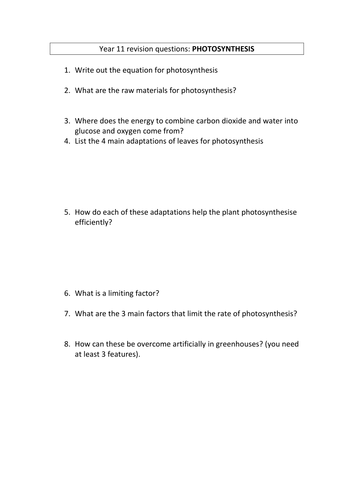 Photosynthesis revision questions/Living organisms in their environment ...