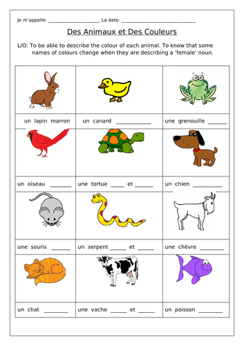 FRENCH - Animals & Colours - Des Animaux et Des Couleurs - Worksheets ...