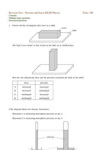 Revision Test IGCSE Physics Force and Pressure | Teaching Resources Revision Test IGCSE Physics Force and Pressure | Teaching Resources