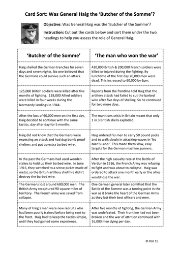 Card Sort: Was General Haig the 'Butcher of the Somme'? | Teaching ...