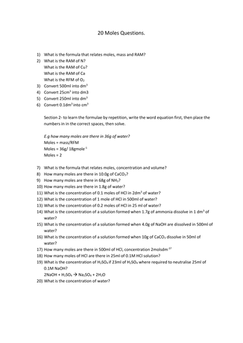 20 Moles questions. | Teaching Resources