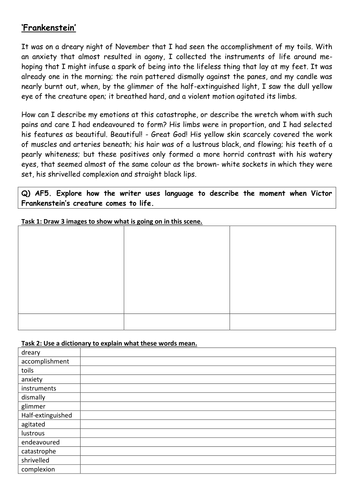 Frankenstein: structured worksheet on Chapter 5 for lower ability ...