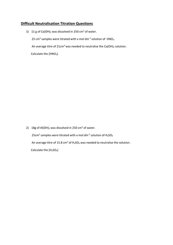 More Difficult Titration Calculation Questions | Teaching Resources More Difficult Titration Calculation Questions | Teaching Resources
