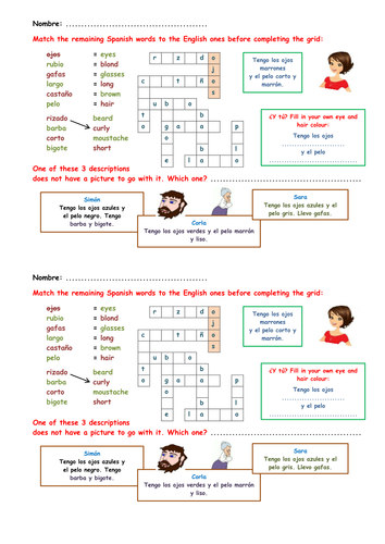 KS3 Spanish starter - descriptions ( hair/eyes/face) | Teaching Resources