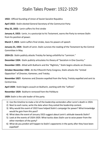Stalin Takes Power: Timeline Activity | Teaching Resources