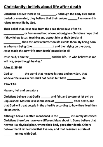 Christianity Beliefs about life after death Cloze Activity | Teaching ...