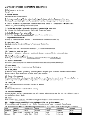 21 ways to write interesting sentences guide sheet | Teaching Resources
