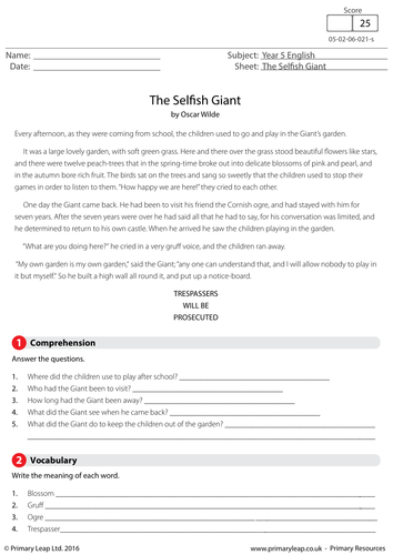 Reading Comprehension - The Selfish Giant | Teaching Resources