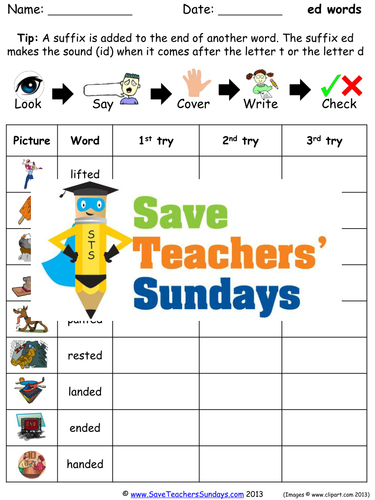 Suffix ed as id Words Spelling Worksheets and Dictation Sentences for ...