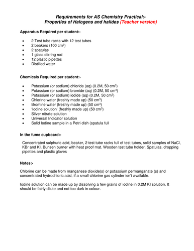 Chemistry Halogen practical test | Teaching Resources