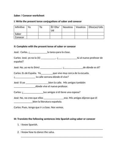 Saber Conocer worksheet | Teaching Resources
