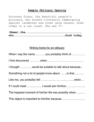 Writing an obituary writing frame | Teaching Resources