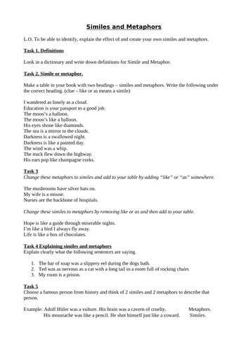 Similes and Metaphors worksheets | Teaching Resources