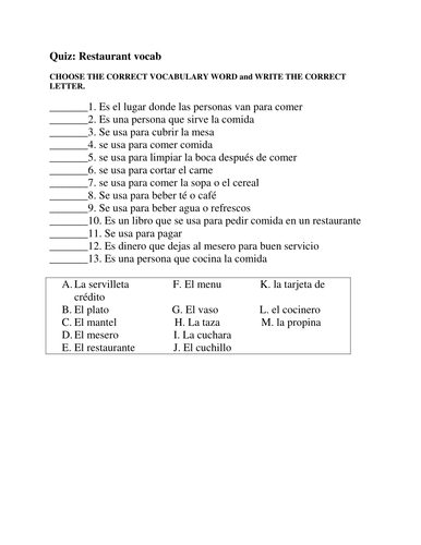 Restaurant vocabulary quiz | Teaching Resources