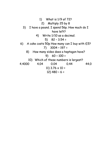 A Week's Worth of Arithmetic and Mental Maths Challenges Autumn Week 2 ...