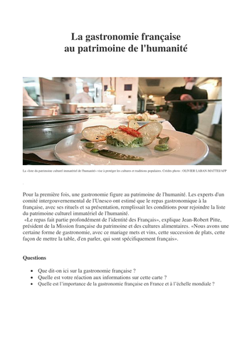 Patrimoine topic - gastronomie speaking card | Teaching Resources