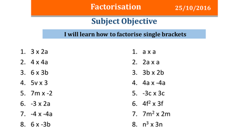 Factorising Single brackets | Teaching Resources Factorising Single brackets | Teaching Resources
