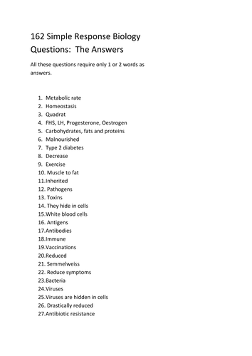 AQA Biology B1 Quick Response questions | Teaching Resources
